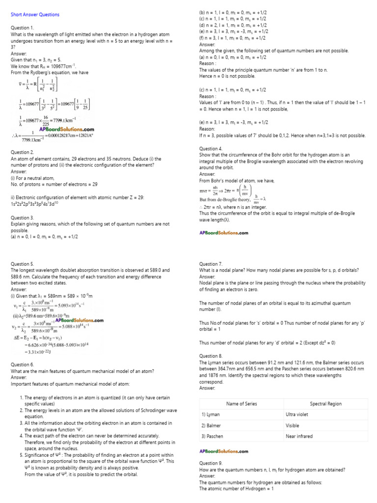 AP Inter 1st Year Chemistry Important Questions Chapter 1 Atomic ...