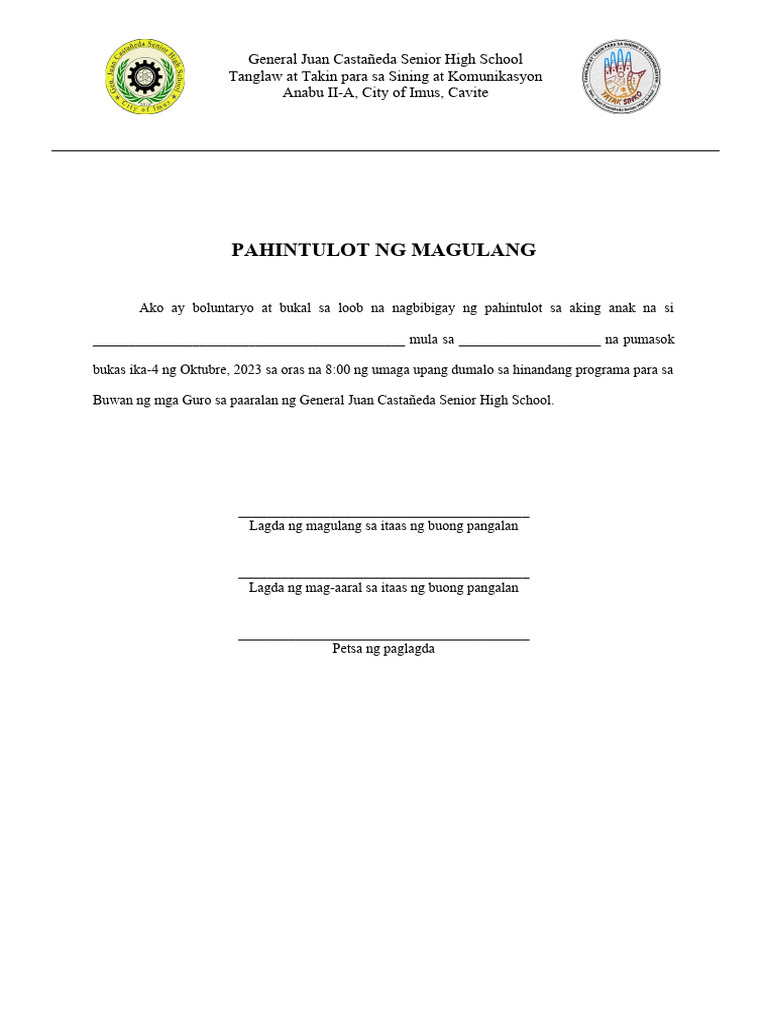 Parental Consent For Buwan NG Wika | PDF