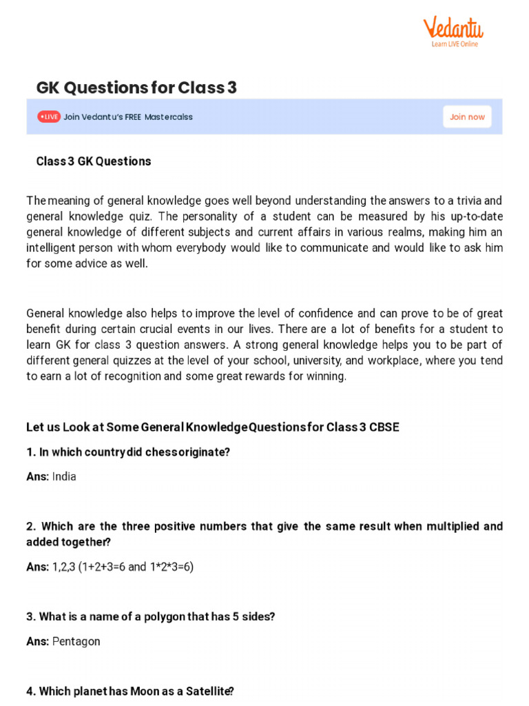 GK Questions For Class 3 | PDF