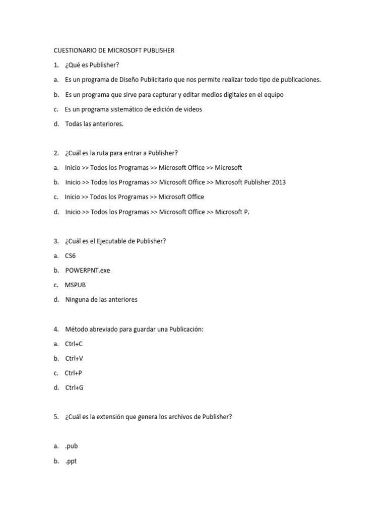 Cuestionario de Microsoft Publisher | PDF | Microsoft Office | Microsoft