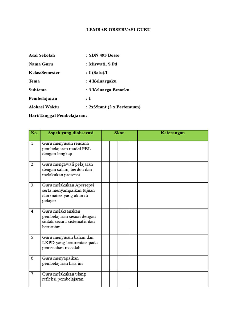 Lembar Observasi Guru | PDF