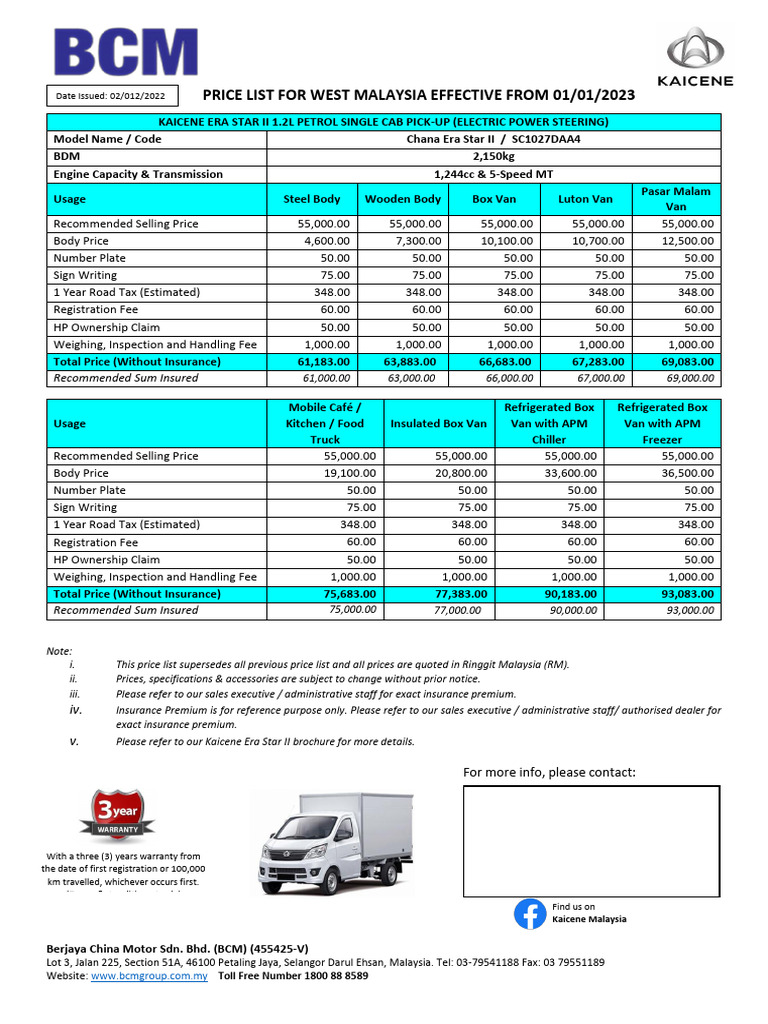 Kaicene Price List for Malaysia 2023 | PDF | Truck | Wheeled Vehicles