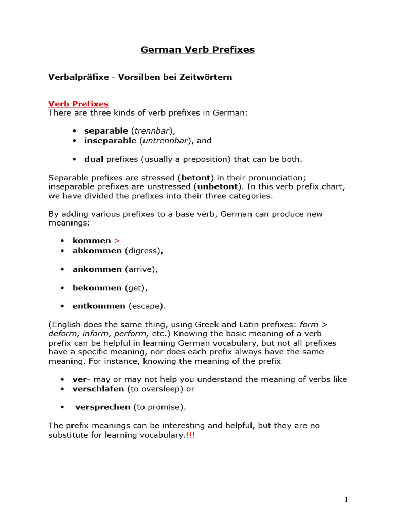German Verb Prefixes | PDF | Perfect (Grammar) | Grammatical Tense