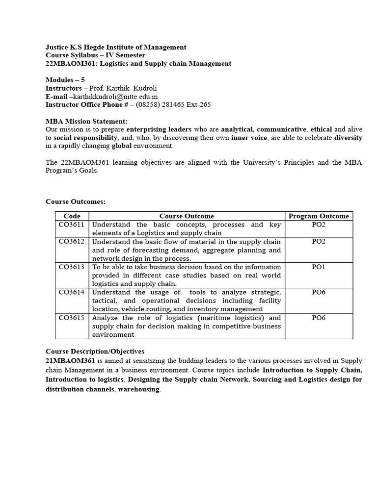 Lesson Plan 22MBAOM361 | PDF | Supply Chain | Logistics