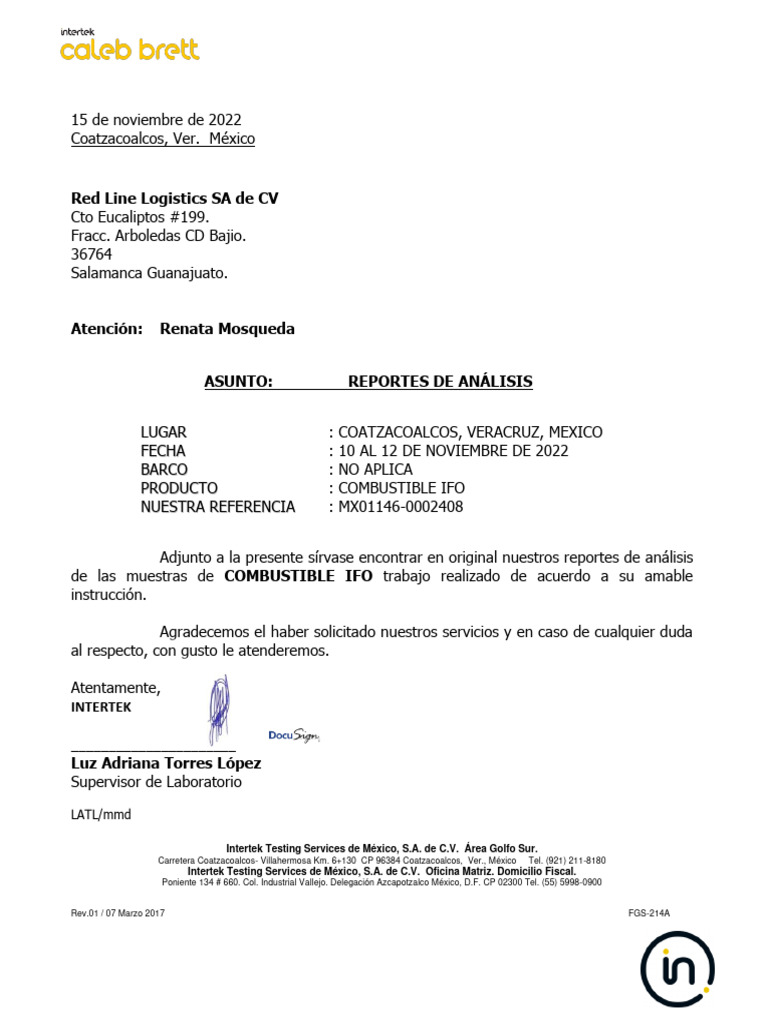 Certificado Red Line Ifo.1122 | PDF | Calidad (comercial) | Daños y ...