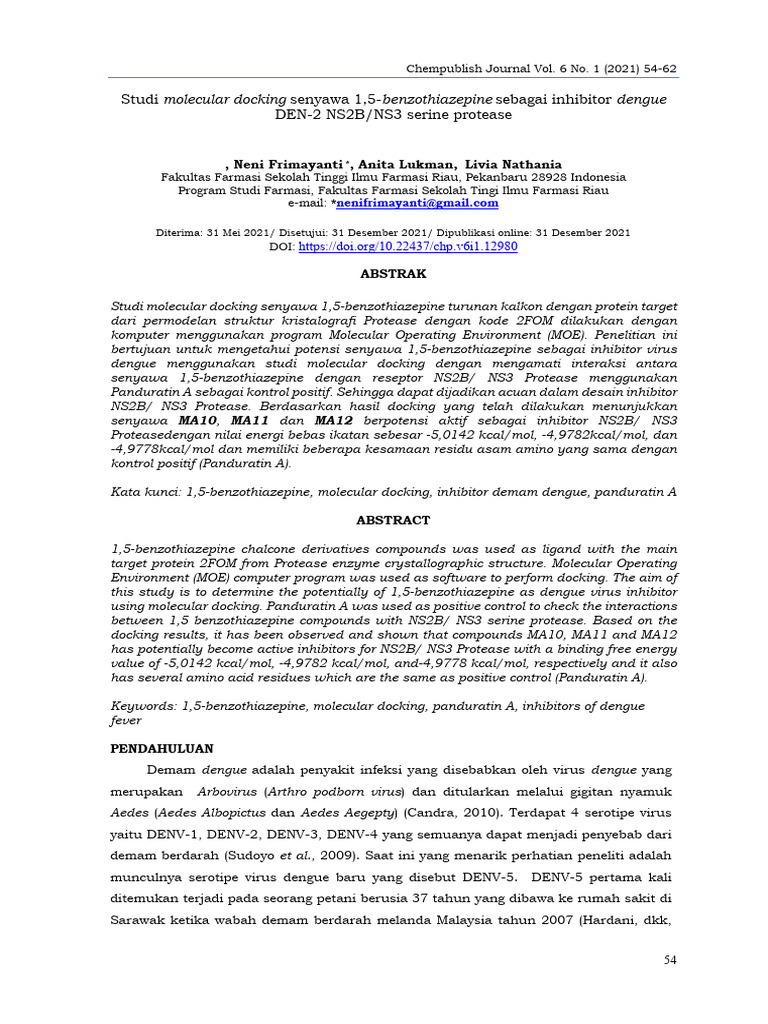 Studi Molecular Docking Senyawa 1,5-Benzothiazepine Sebagai Inhibitor ...
