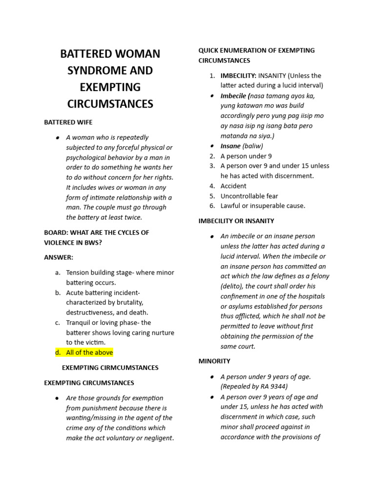 Battered Woman Syndrome and Exempting Circumstances | PDF | Pardon | Crimes