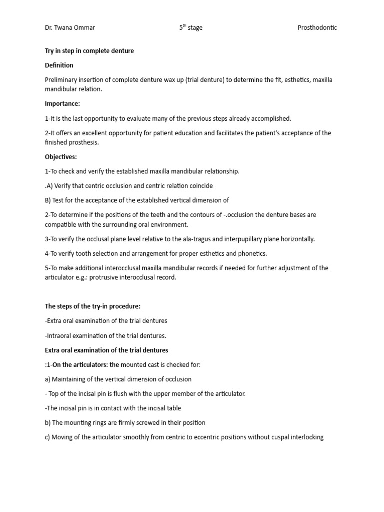 Try in Step in Complete Denture | PDF | Dentures | Human Anatomy