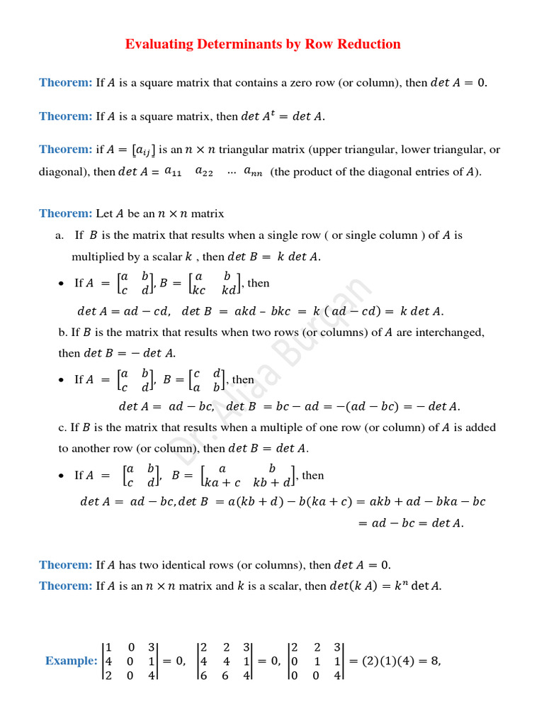 Evaluating Determinants by Row Reduction | PDF