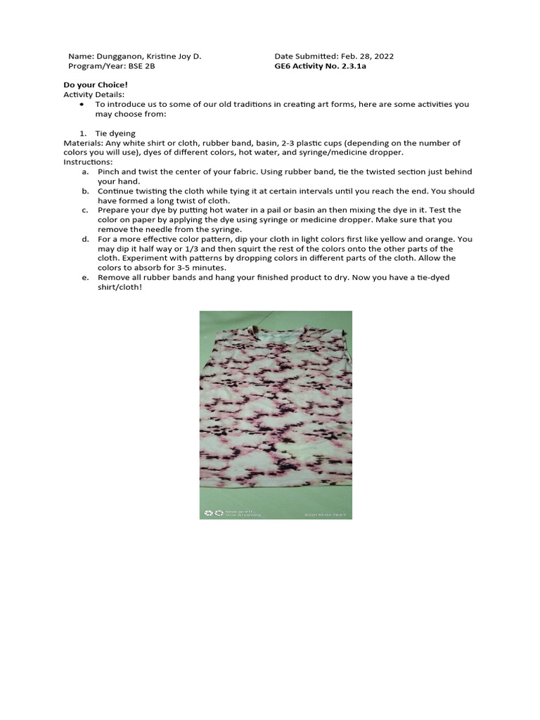 GE 6 - BSE 2B-Dungganon, Kristine Joy-Week 6-8-Activity 2.3.1a-2.4.2 | PDF | Textiles