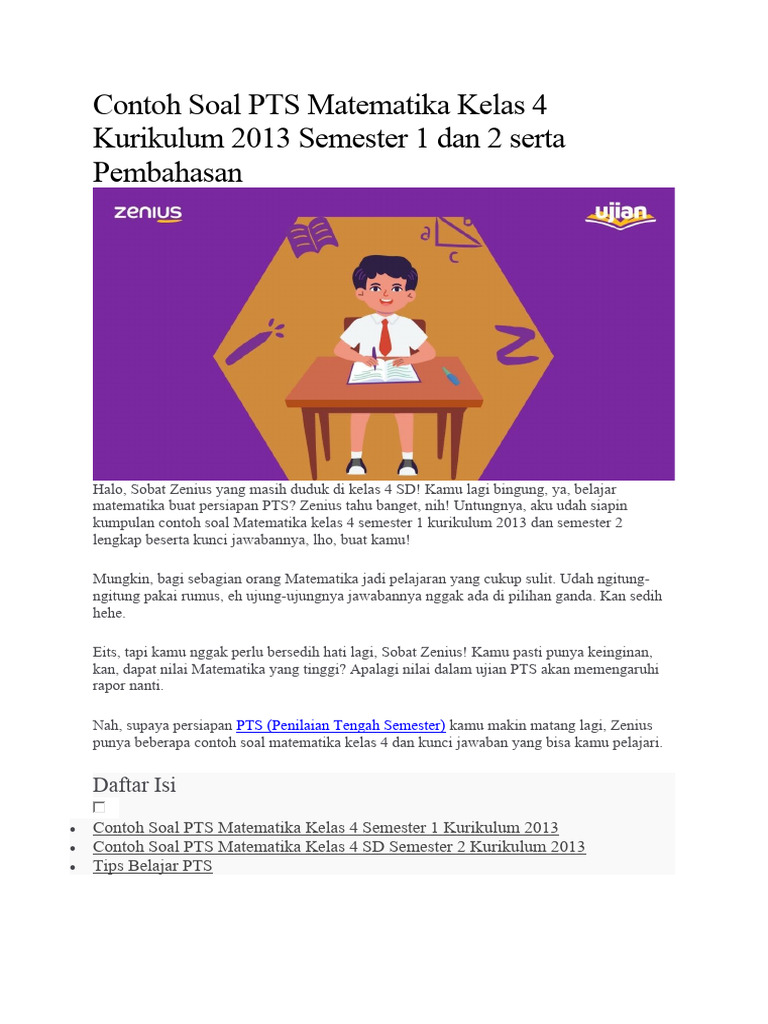 Contoh Soal PTS Matematika Kelas 4 Kurikulum 2013 Semester 1 Dan 2 ...