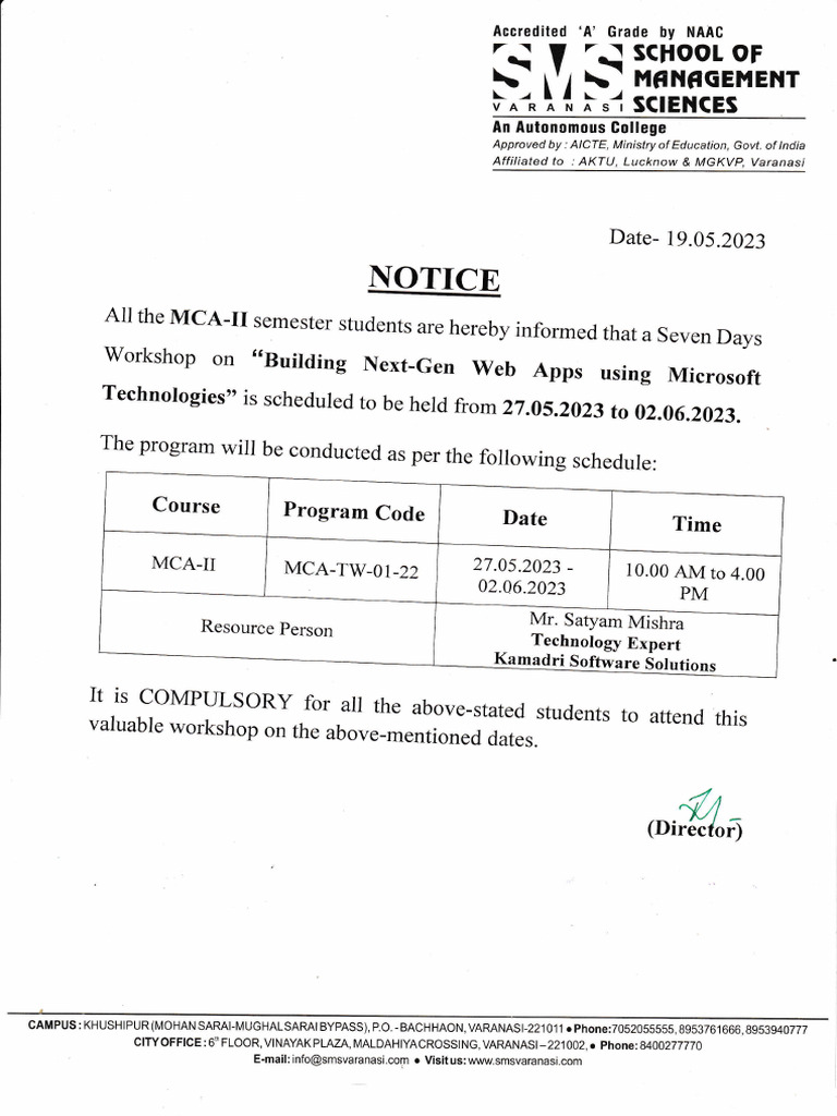 Notice - Workshop Mca Ii Sem | PDF | Microsoft | Information Technology