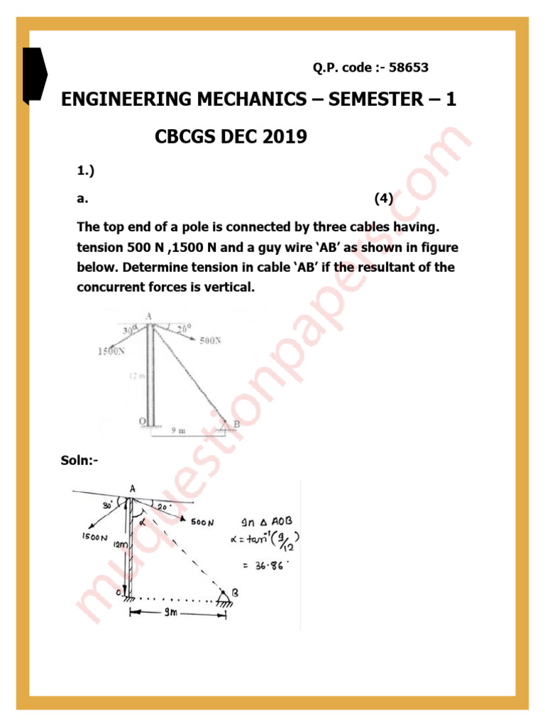 Be First Year Engineering Semester 1 2019 December Engineering Mechanics Emrev 2019'c' Scheme ...
