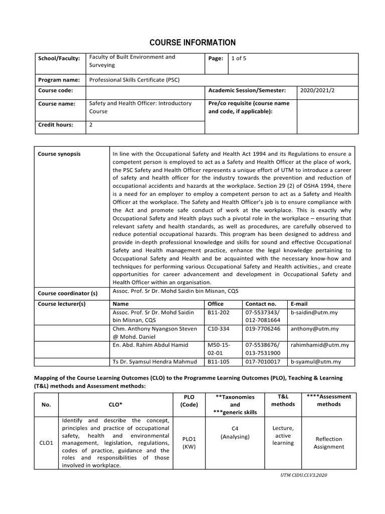 2021 Utm PSC Sho Ci | PDF | Occupational Safety And Health | Safety