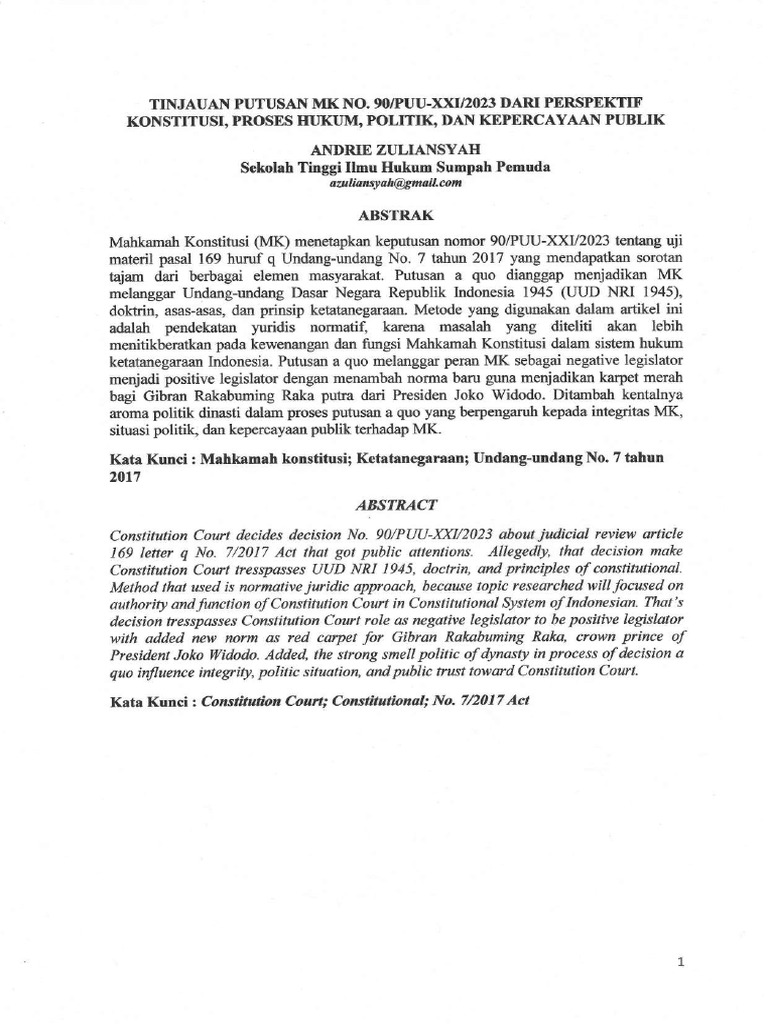 Tinjauan Putusan MK Nomor 90/PUU-XXI/2023 | PDF