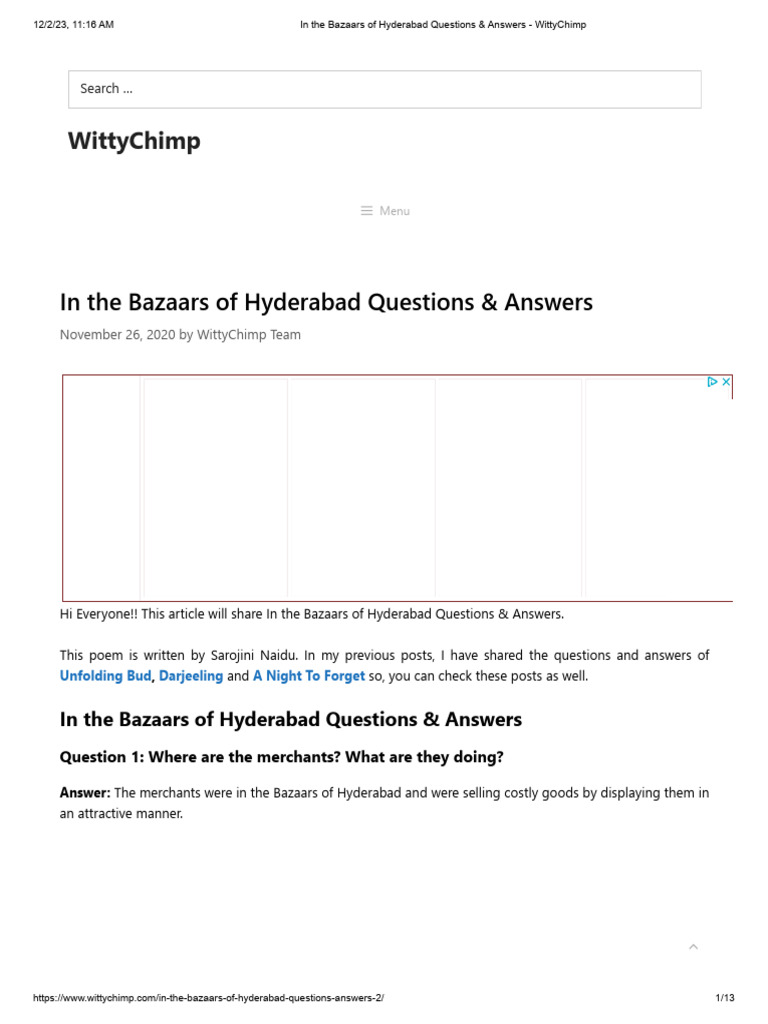 In The Bazaars of Hyderabad Questions & Answers - WittyChimp | PDF | Poetry