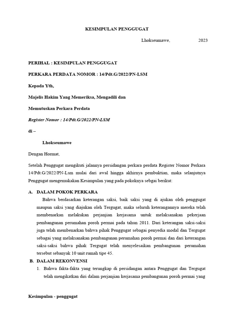 Kesimpulan Penggugat Tergugat PKH Perdata | PDF