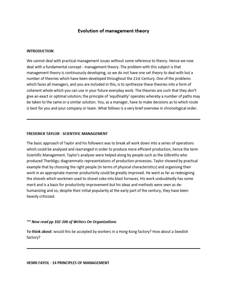 Evolution of Management Theory Summary | PDF | System | Theory