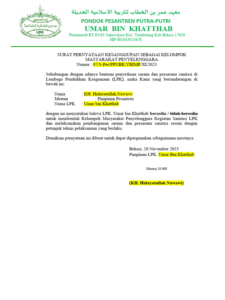Surat Pernyataan Kesanggupan Sebagai KMP Sanitasi LPK - Ok | PDF
