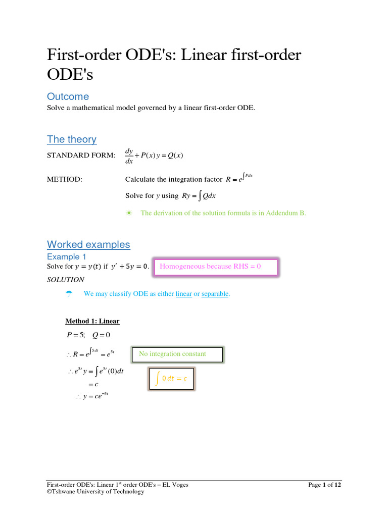 Linear First Order Odes Pdf Electrical Network Ordinary Differential Equation