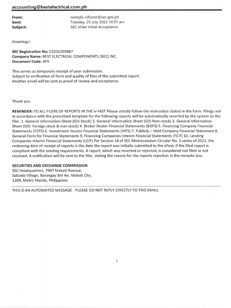 Initial Acceptance of Sec Filling Bec Inc | PDF