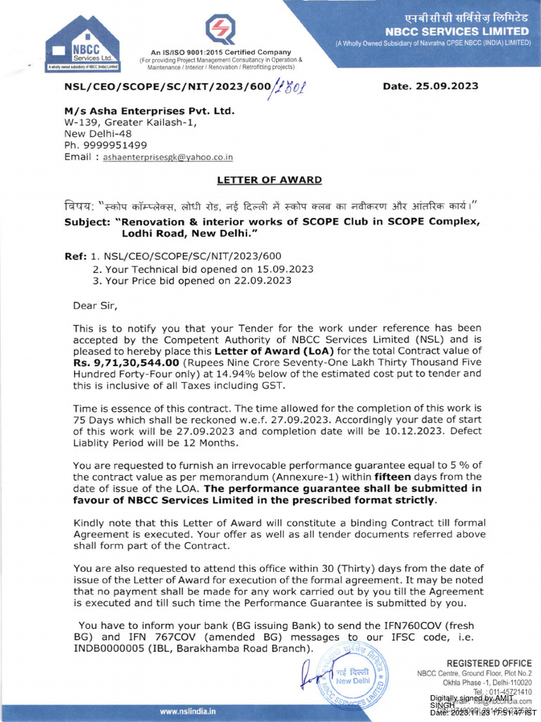 Letter of Award to Asha Enterprises | PDF | Business | Government
