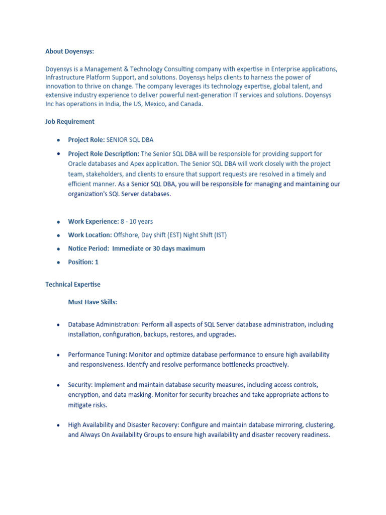 Doyensys Job Description - SQL - DBA | PDF | Databases | Microsoft Sql Server