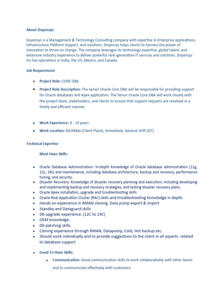 Doyensys Job Description - CORE - DBA | PDF | Databases | Skill