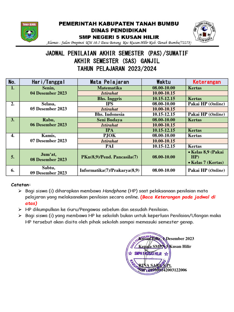 New Jadwal - PAS Ganjil TP.2023 - 2024 | PDF