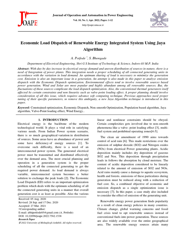 Economic Load Dispatch Of Renewable Energy Integrated System Using Jaya Algorithm Pdf 