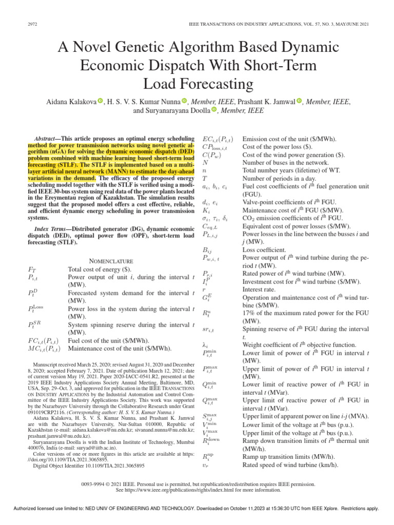 A Novel Genetic Algorithm Based Dynamic Economic Dispatch With Short-Term Load Forecasting | PDF ...