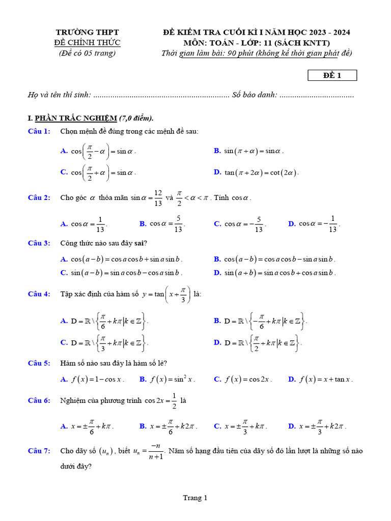 05 de Tham Khao Kiem Tra Cuoi Hoc Ki 1 Toan 11 Knttvcs | PDF