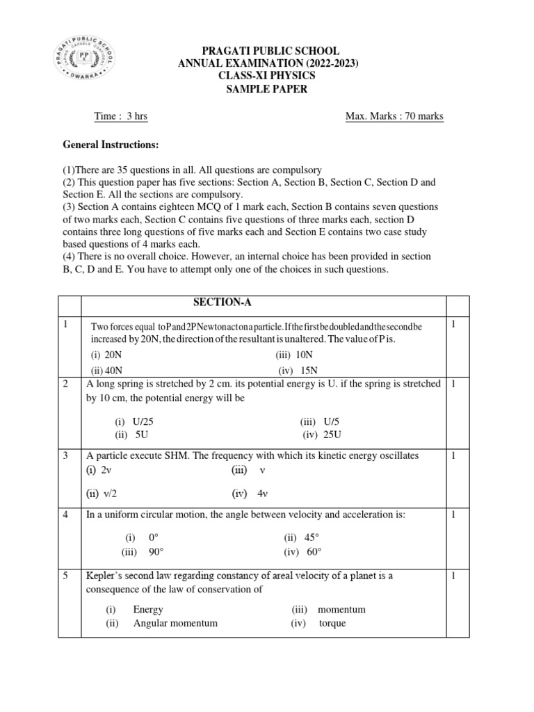 Annual Xi Sample Paper 22-23 | PDF | Waves | Collision