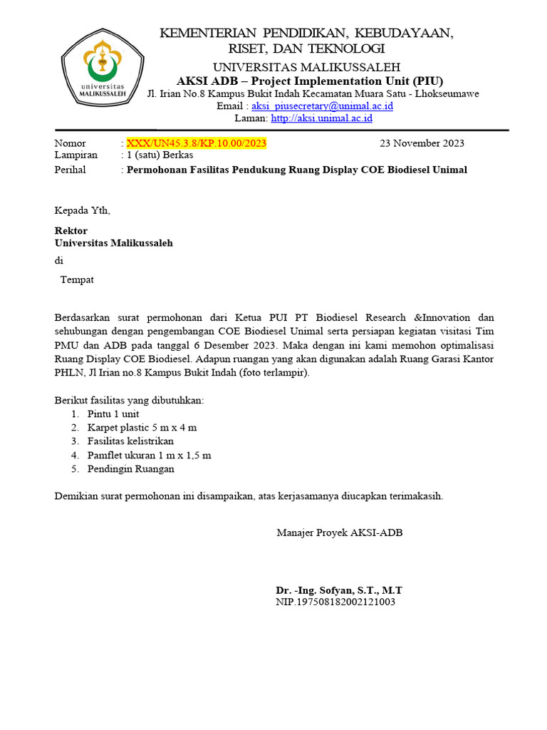 Permohonan Fasilitas Ruang Display COE Biodiesel (Pak Sofyan) | PDF