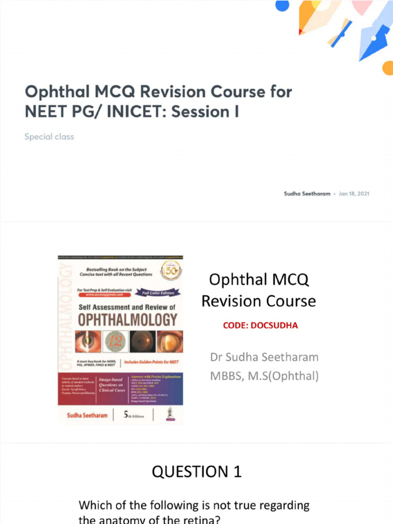 Ophthal MCQ Revision Course For NEET PG INICET Session I No Anno | PDF