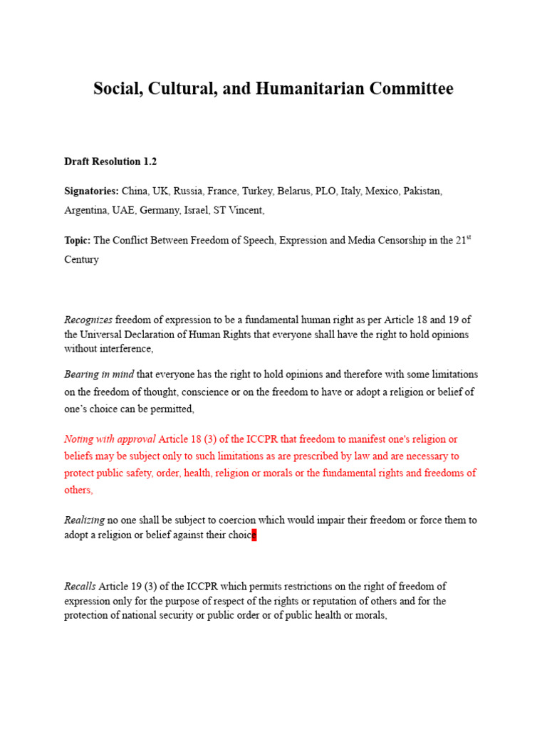 Draft Resolution 1.2 | PDF | Freedom Of Speech | Censorship
