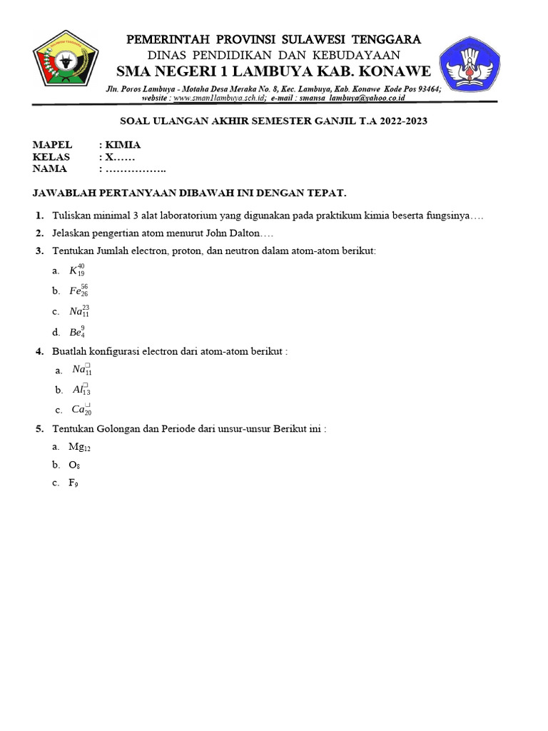 SOAL Kimia Kelas X Semester Ganjil T.A. 2022-2023 | PDF