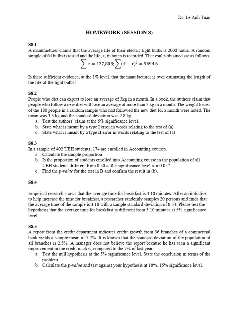 HW Ses8 | Download Free PDF | Statistical Significance | P Value