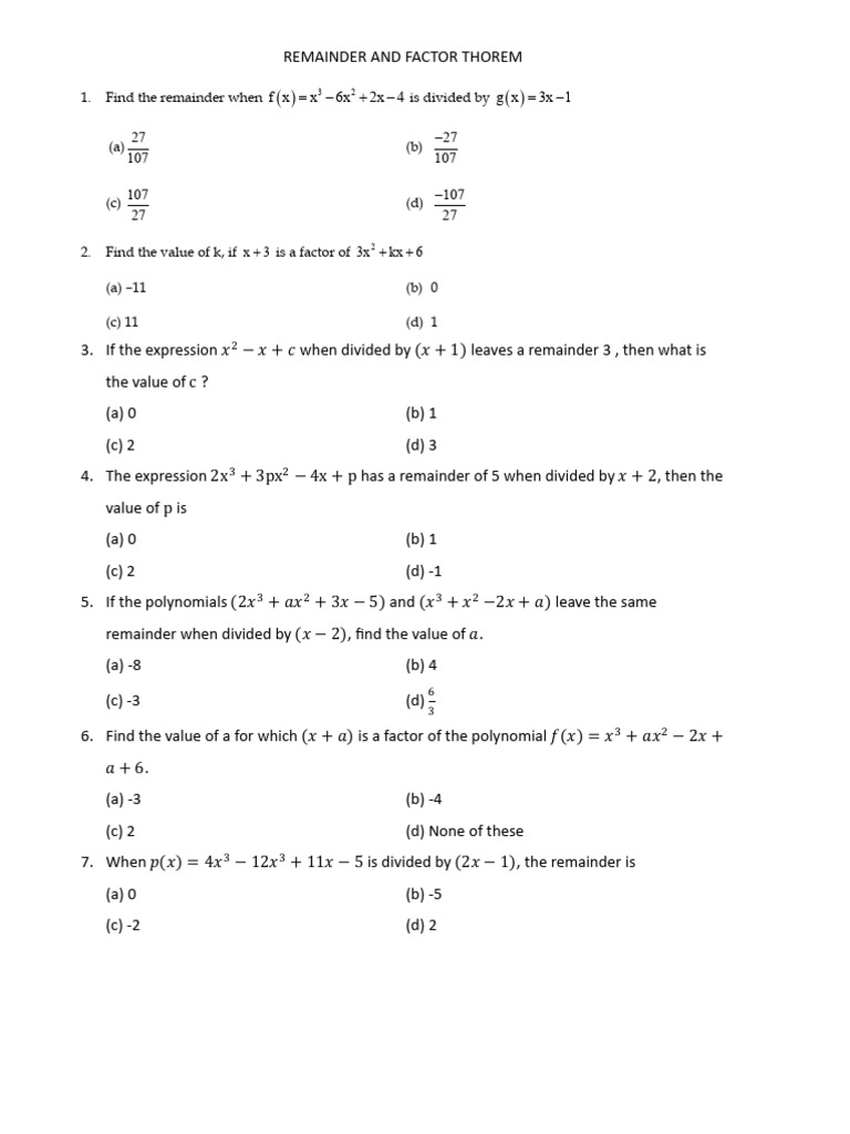 Remainder and Factor Theorem Problems | PDF