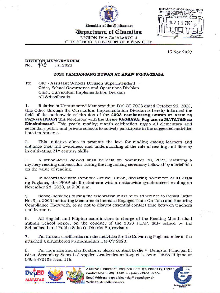 DM No. 463 S. 2023 2023 Pambansang Buwan at Araw NG Pagbasa | PDF