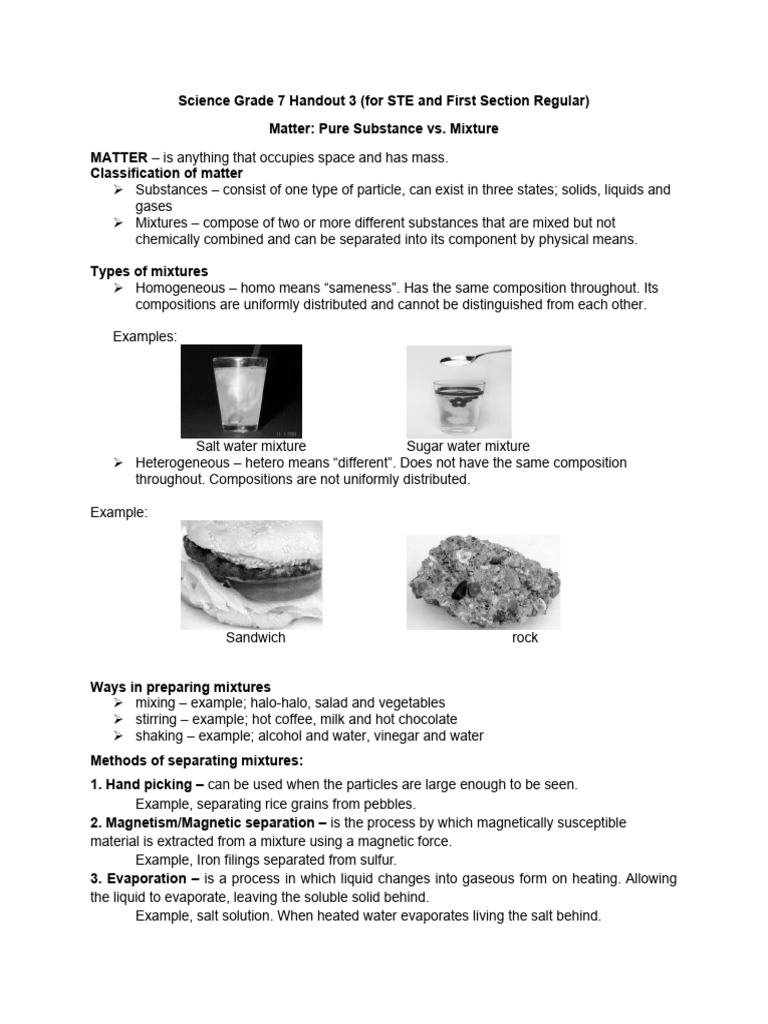Science-Grade-7-Handout-3-Substance Vs Mixture | PDF | Mixture ...