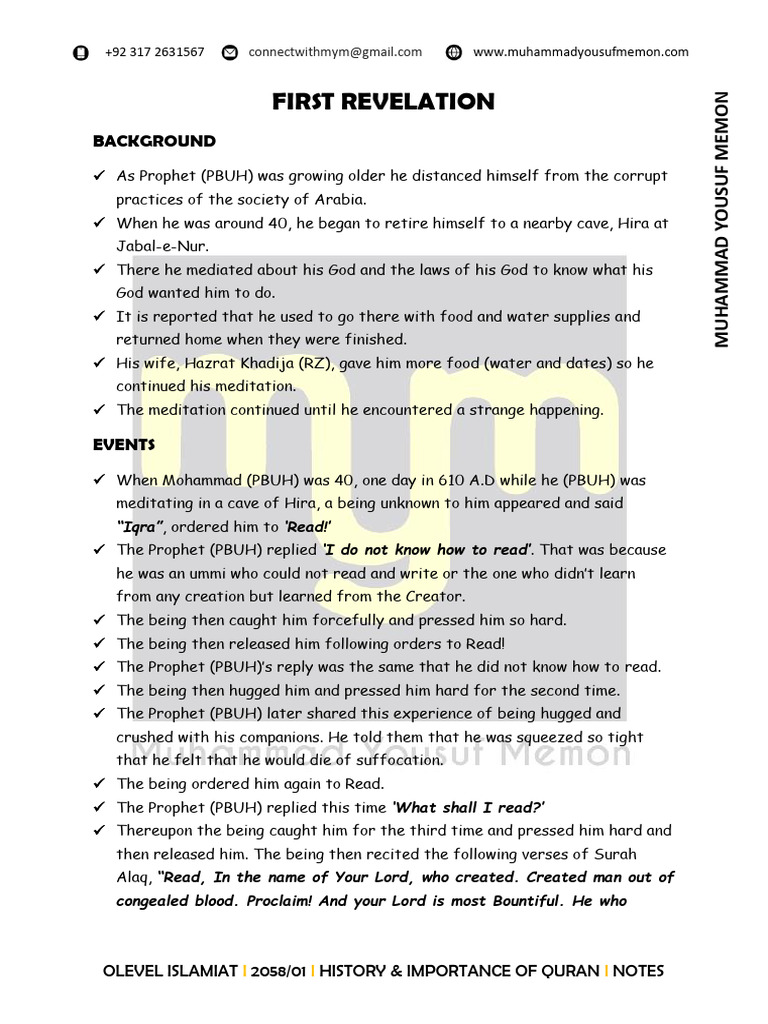 First Revelation of Quran Notes | PDF