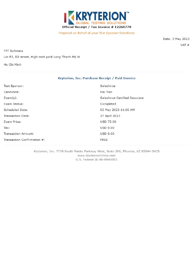Kryterion Purchase Receipt - 3 May 2023 | PDF