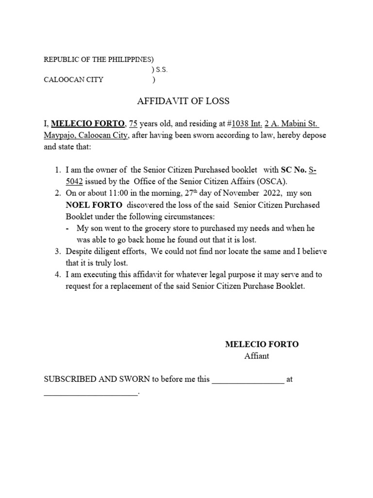 Affidavit of Loss for Senior Citizen Booklet | PDF | Law