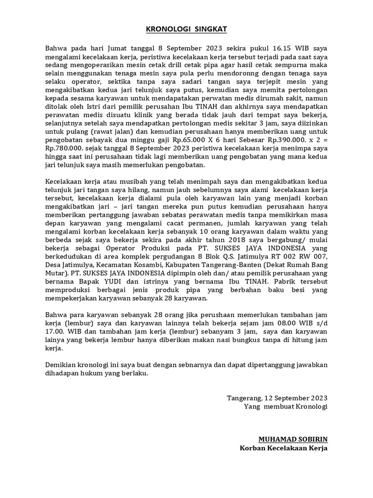 Kronologi Singkat Muhamad Sobirin Kecelakakn Kerja - 035933 | PDF