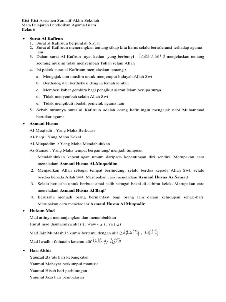 Kisi - Kisi ASAS PAI Kls 6 | PDF | Filsafat | Sejarah