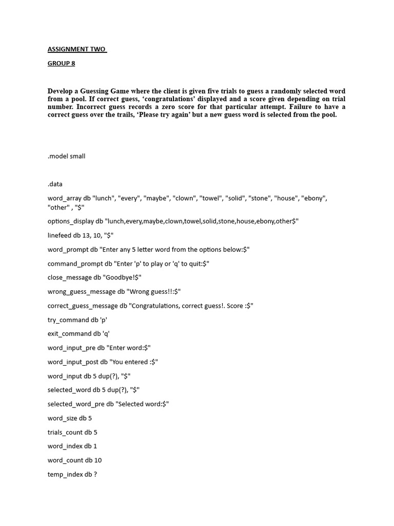 Assembly Code For Intel 8086 For Guessing Game | PDF | Software Engineering | Computer Programming