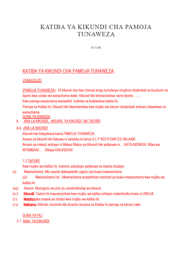 Katiba Ya Kikundi Cha Pamoja Tunaweza | PDF