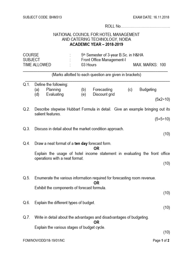 Front Office Management Exam Paper 2018 | PDF | Forecasting