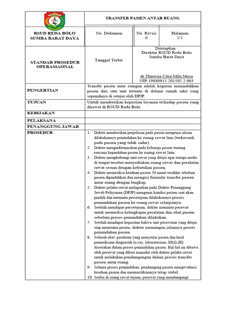 Spo Transfer Pasien Antar Ruangan | PDF